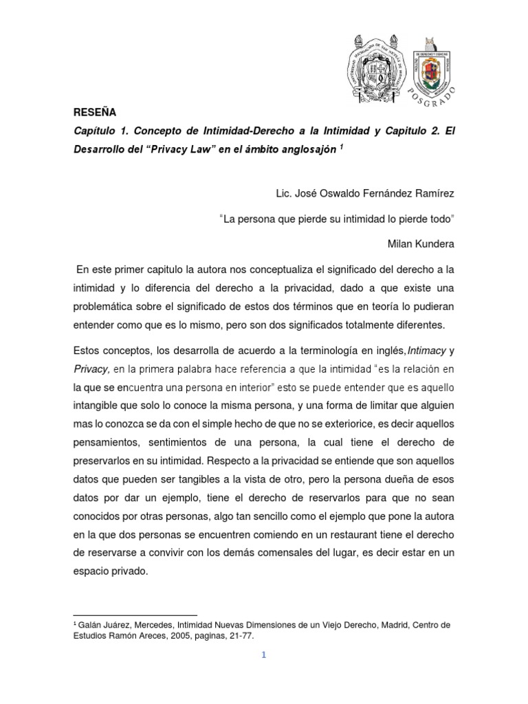 RESEÑA Concepto de Intimidad-Derecho A La Intimidad Mercedes Galán ...