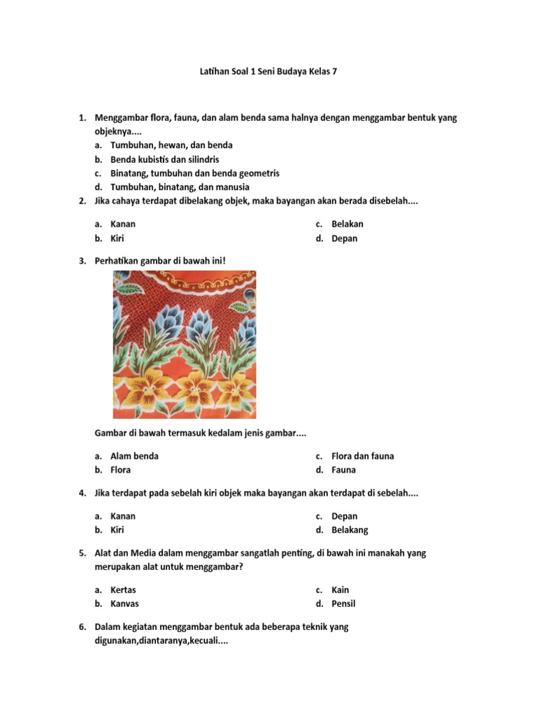 Latihan Soal 1 Seni Budaya Kelas 7 | PDF | Griya & Taman | Seni