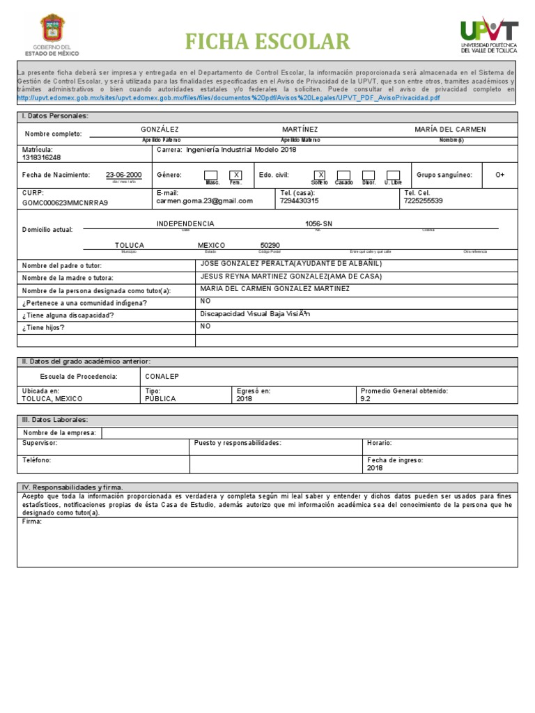 Ficha de datos personales y académicos de estudiante | PDF