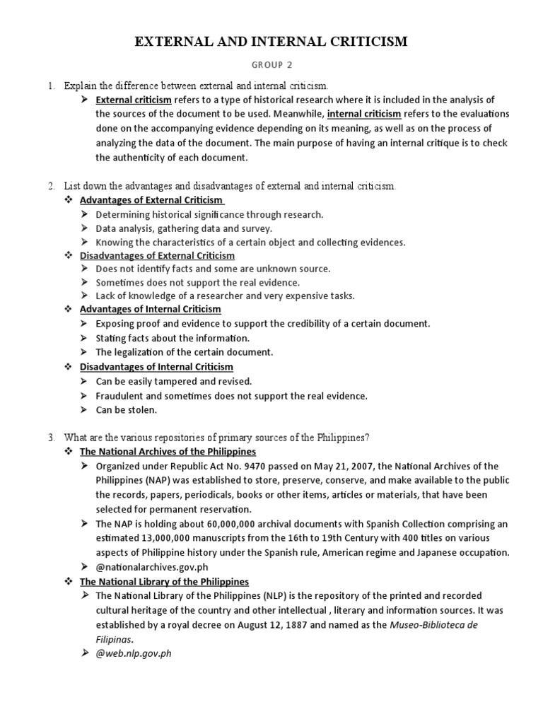 External and Internal Criticism RPH Group 2 | PDF | Archive | Philippines