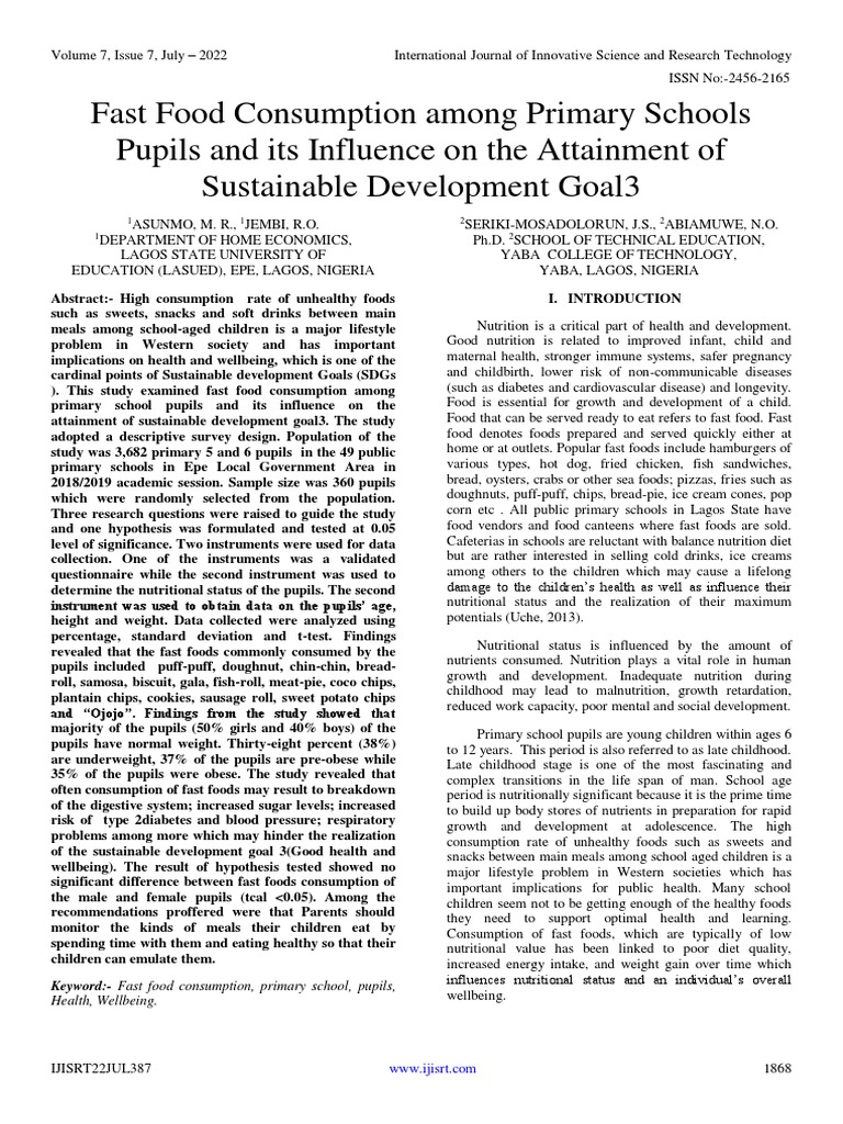 Fast Food Consumption Among Primary Schools Pupils and Its Influence On ...