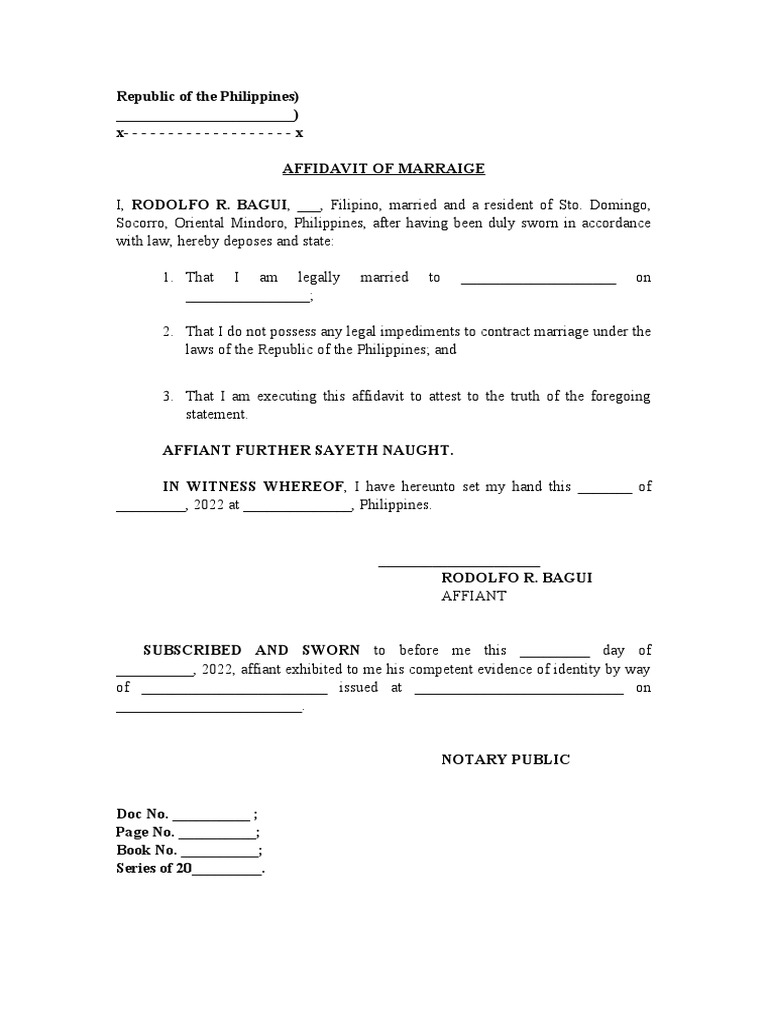 Affidavit of Marriage Template | PDF | Affidavit | Legal Communication