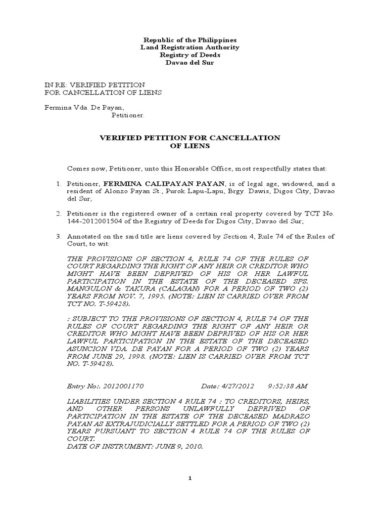 Verified Petition For Cancellation of Encumbrances | PDF | Natural ...