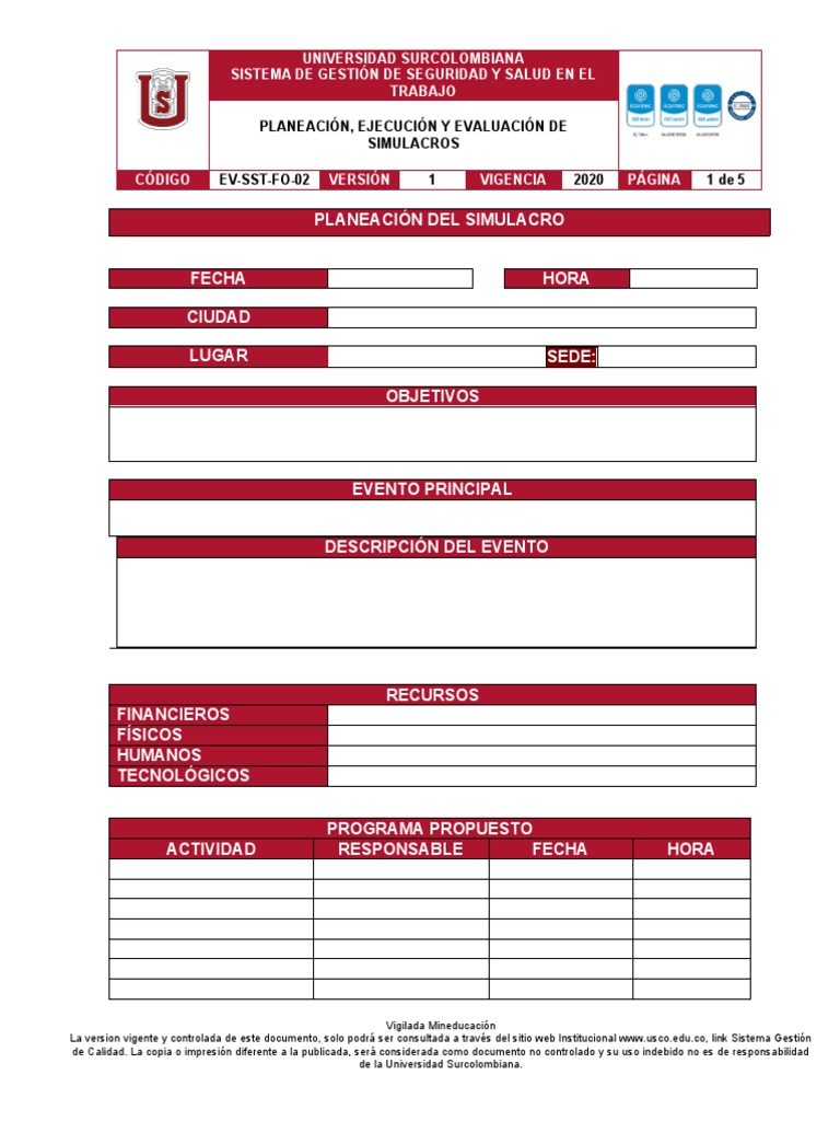 Ev-Sst-Fo-02 Planeacion, Ejecucion y Evaluacion de Simulacros | PDF ... Ev-Sst-Fo-02 Planeacion, Ejecucion y Evaluacion de Simulacros | PDF ...