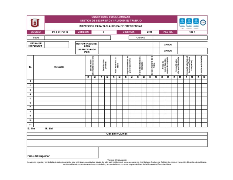 Ev-Sst-Fo-12 Inspeccion para Tabla Rigida de Emergencia | PDF | Informática | Software