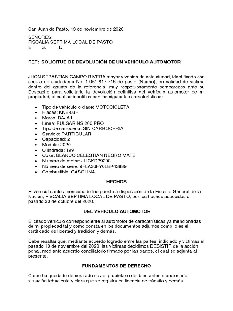 SOLICITUD DEVOLUCION Vehiculo | PDF