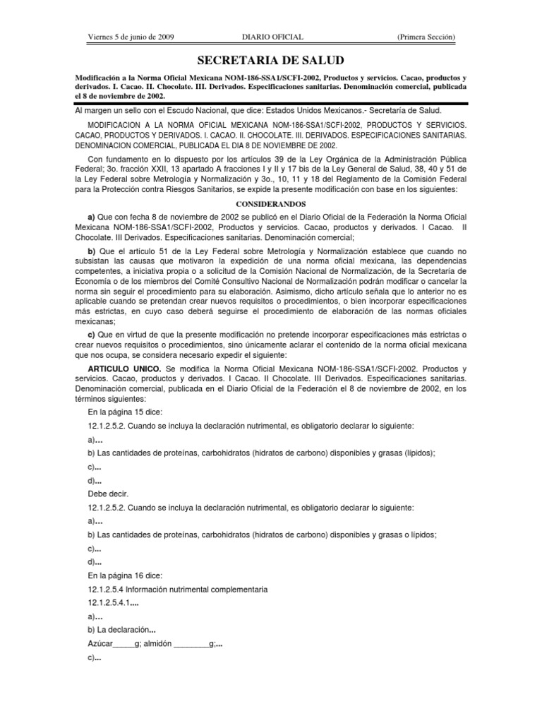 Nomra Oficial Méxicana Nom 186 | PDF | Sólidos de cacao | Carbohidratos