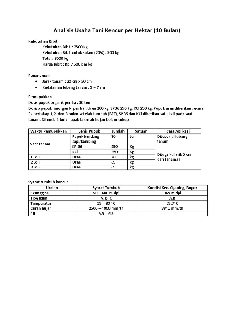 Analisis Usaha Tani Kencur Dan Kunyit Per Hektar | PDF