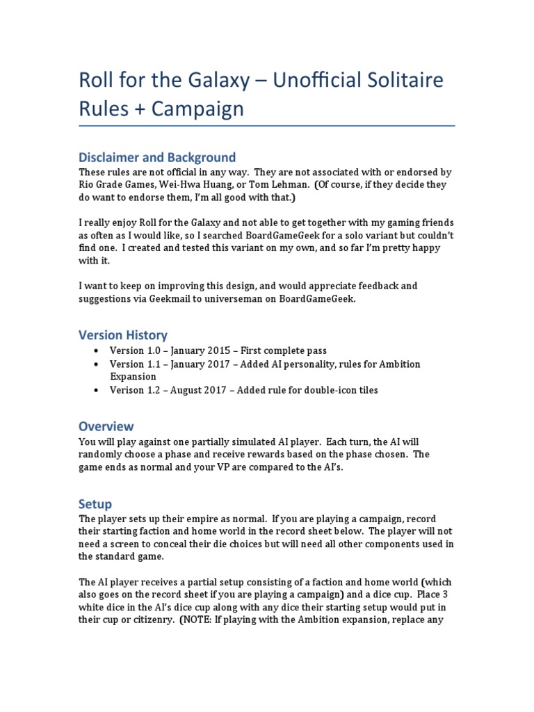Roll For The Galaxy - Unofficial Solitaire Rules v1.2 | PDF | Gaming