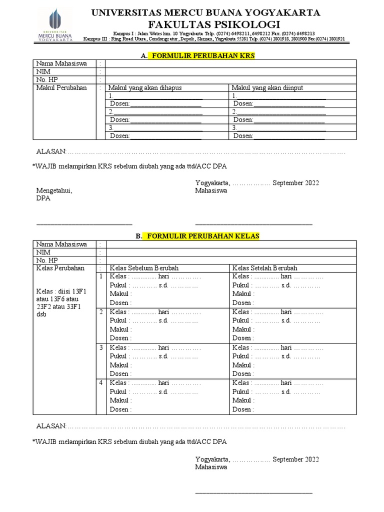 Formulir Ubah KRS Kelas | PDF