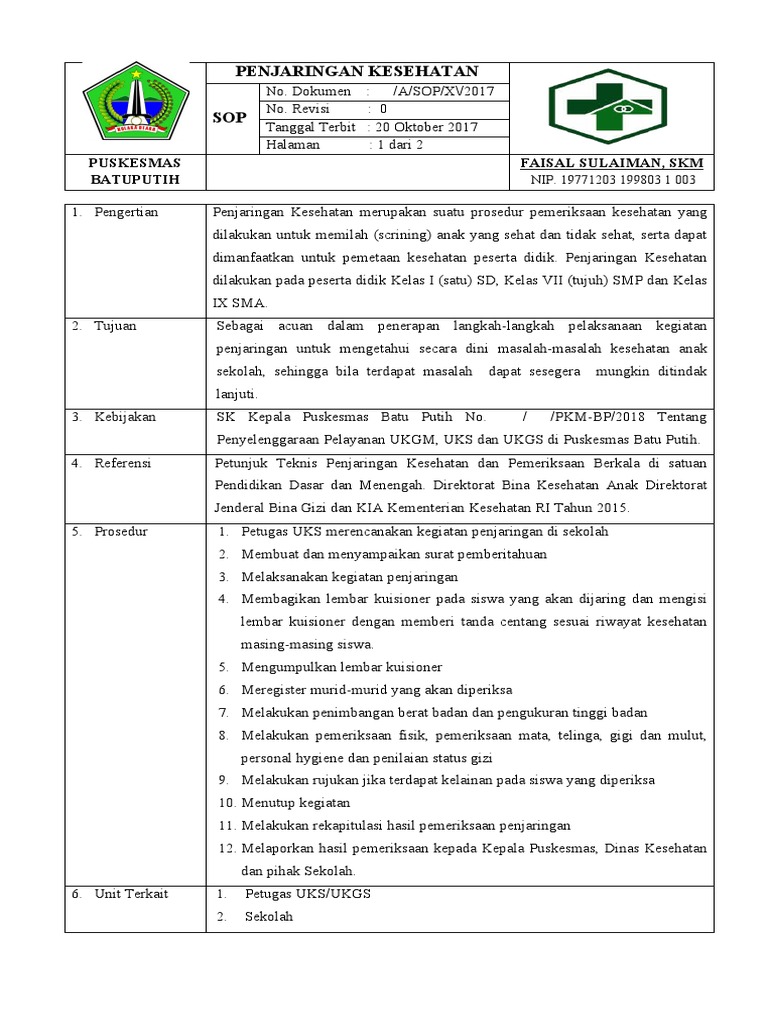 SOP Penjaringan Anak Sekolah | PDF | Kesehatan Holistik