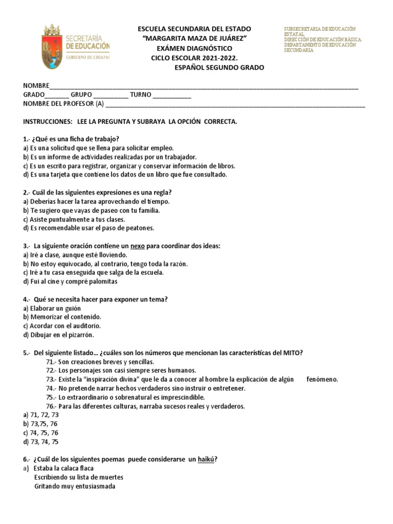 EXÁMEN DX ESPAÑOL 2o.grado-2015 | PDF | Poesía