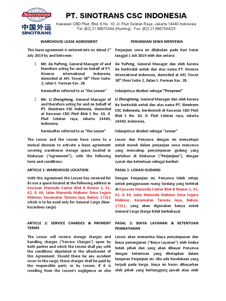 Perjanjian Sewa Gudang Sinotrans | PDF | Hukum