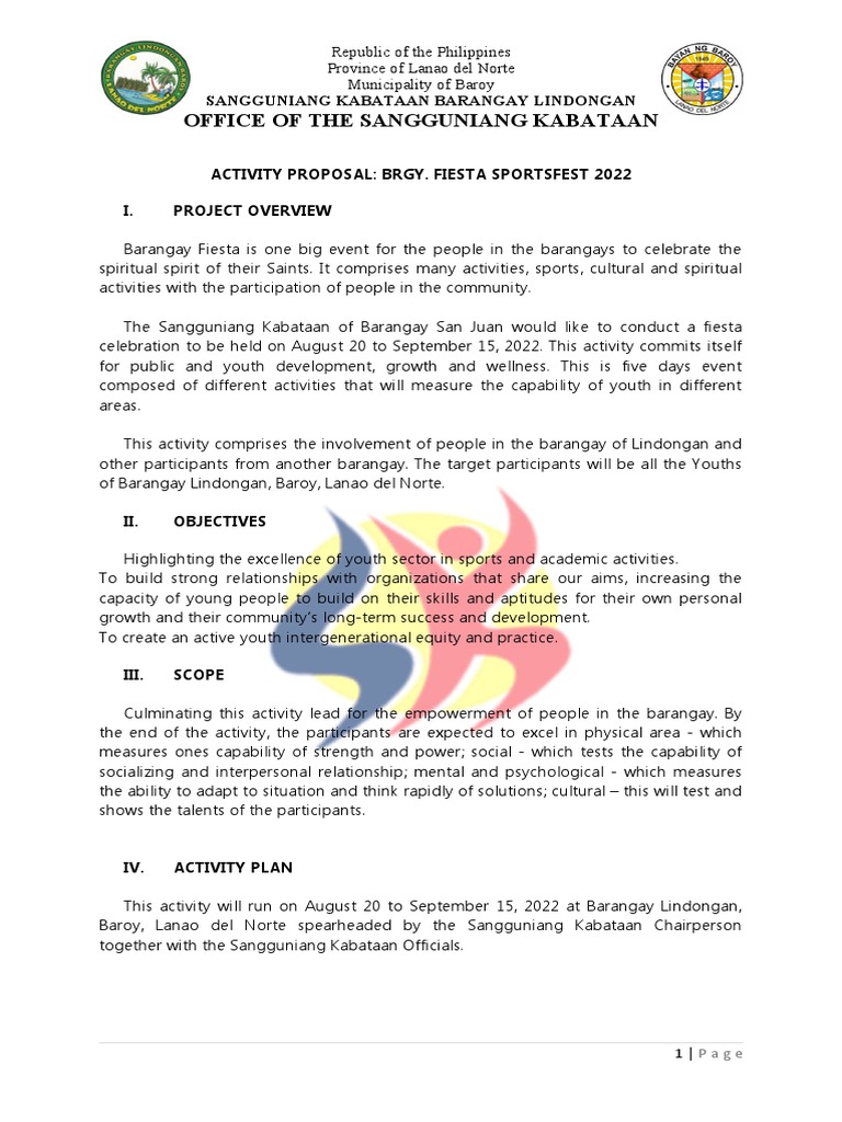 Proposal for a Five-Day Barangay Fiesta Sportsfest Celebration in ...