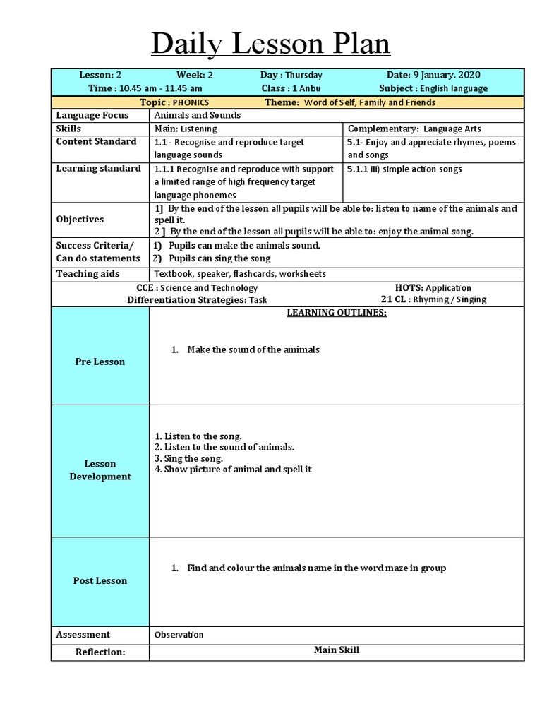 Daily Lesson Plan Y1 Thursday | PDF | Lesson Plan | Cognition