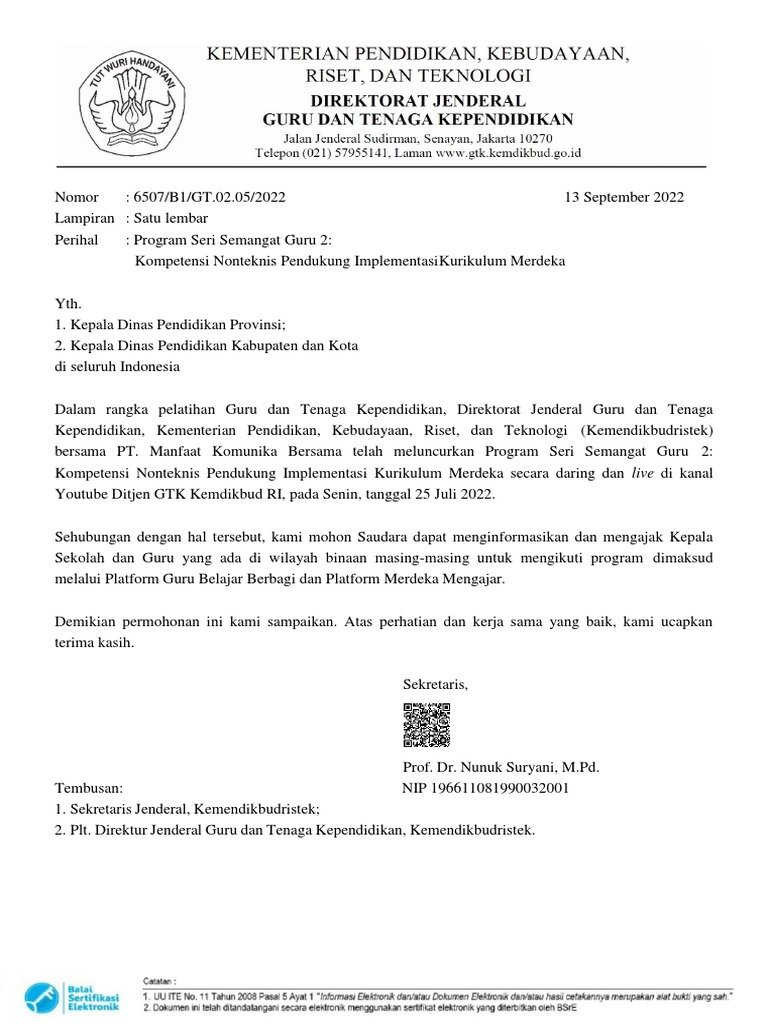 Surat Pemberitahuan Program Seri Semangat Guru 2 Kompetensi Nonteknis | PDF