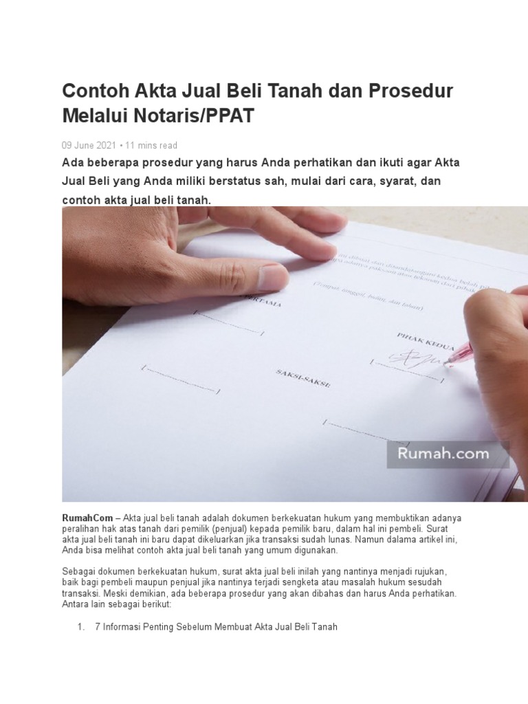 Contoh Akta Jual Beli Tanah Dan Prosedur Melalui Notaris | PDF ...