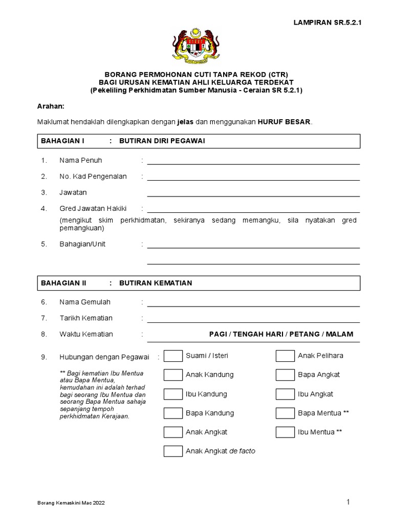 Borang CTR Urusan Kematian Ahli Keluarga Terdekat - Mac 2022 | PDF