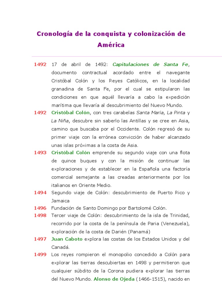 Cronología de La Conquista y Colonización de América | PDF | Cristobal ...
