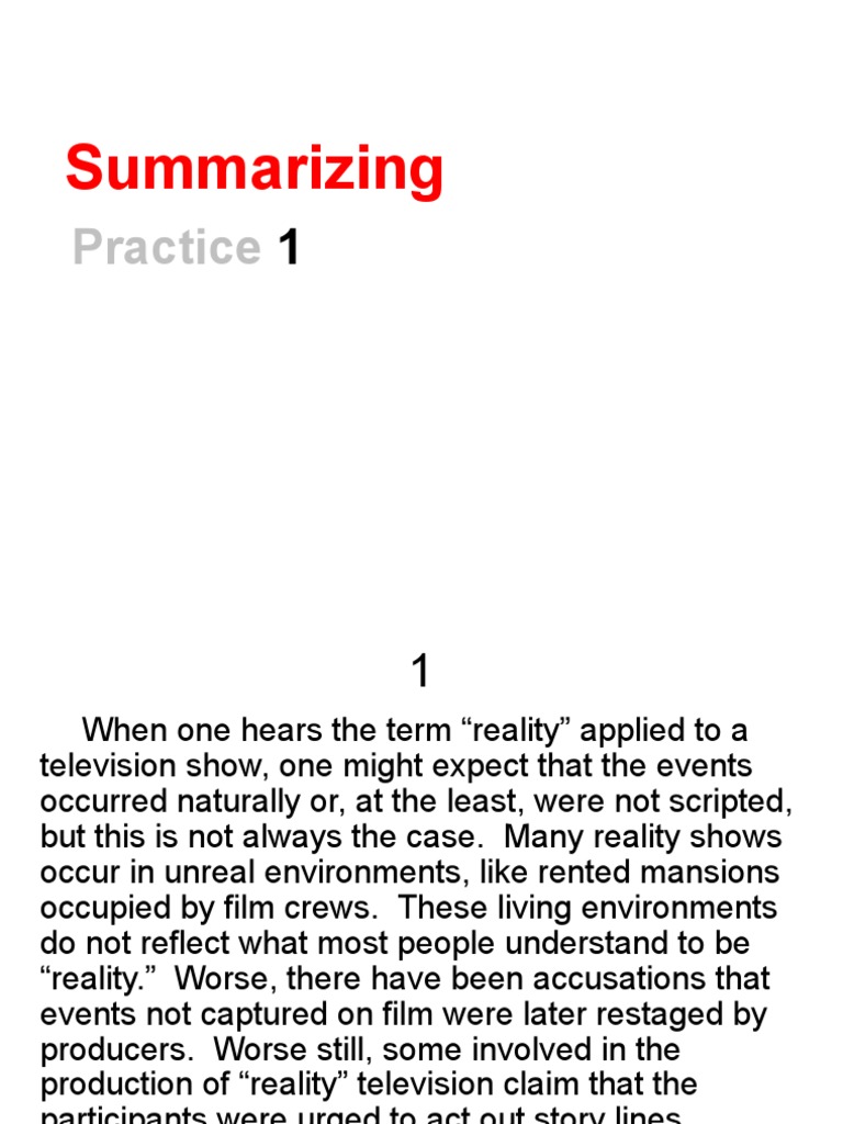 Summarizing Practice 1 1 When One Hears The Term Reality Applied To | PDF | Brake | Venom