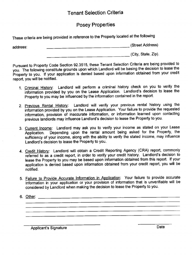 Tenant Selection Criteria | PDF