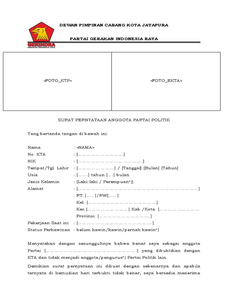 3 Contoh Surat Pernyataan Anggota Partai Politik | PDF | Politik ...