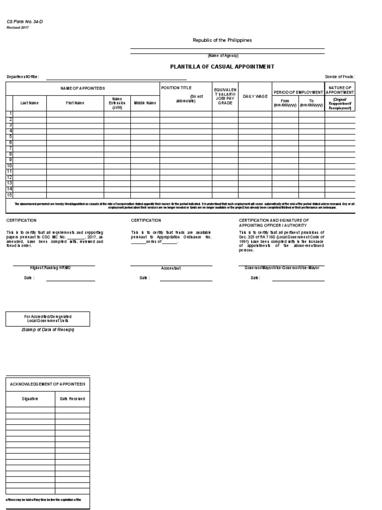 CS Form No. 34-D Plantilla of Casual Appointment - LGU Accredited ...
