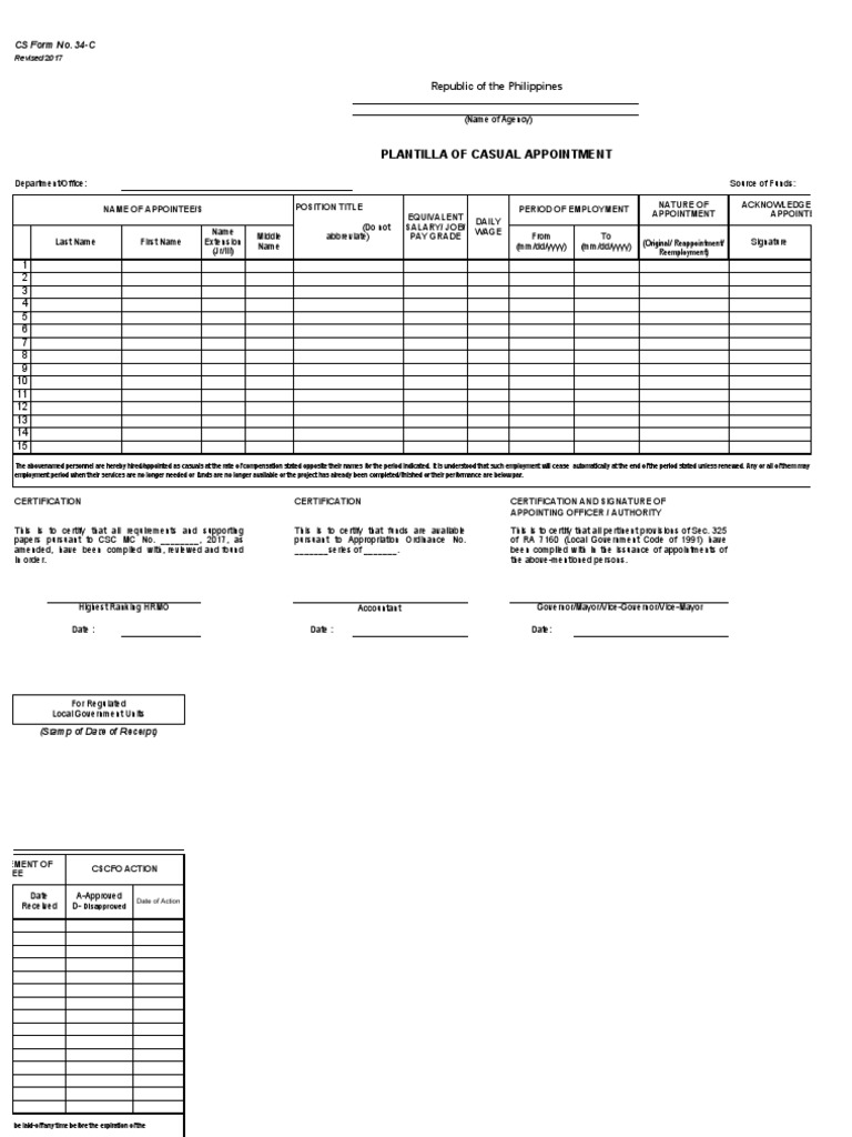 CS Form No. 34-C Plantilla of Casual Appointment - LGU Regulated | PDF ...