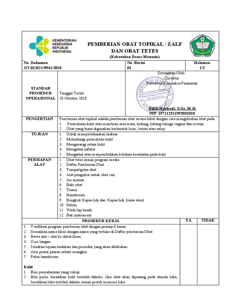 Sop Pemberian Obat Topikal Zalf Dan Obat Tetes - KDM 2 | PDF