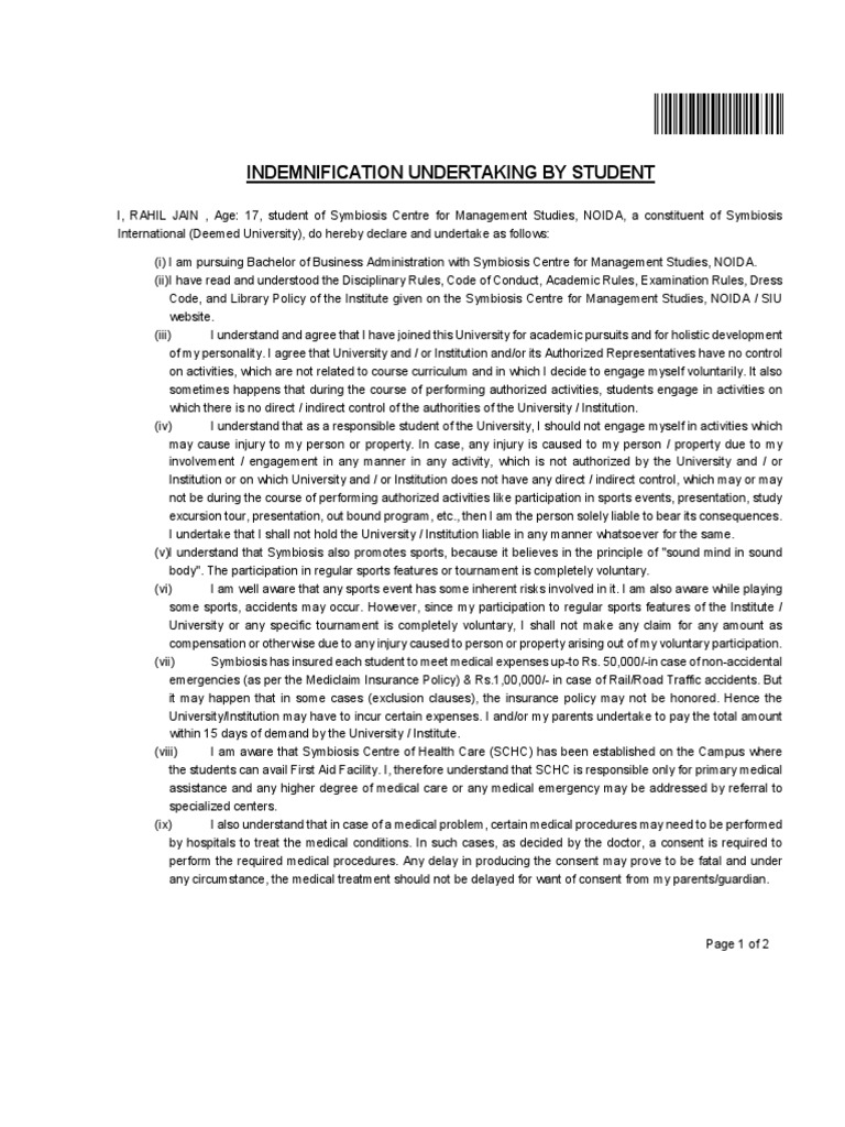 Student Indemnification Agreement Form | PDF | Insurance | Emergency