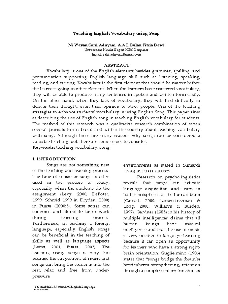 Teaching English Vocabulary with Songs | PDF | Vocabulary | Language ...
