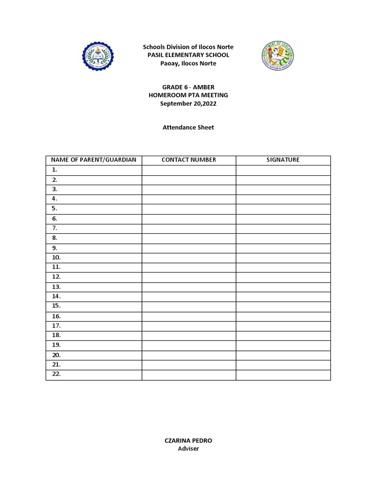 Homeroom PTA Attendance Sheet | PDF