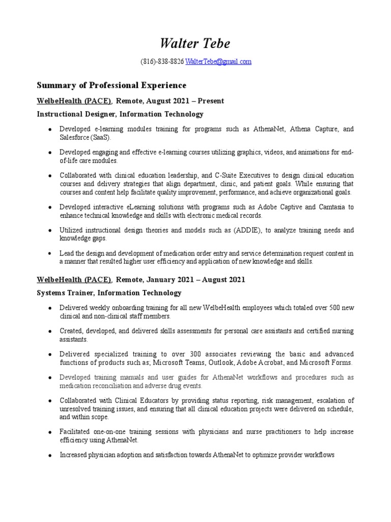 2022 Resume Walter Tebe | PDF | Educational Technology | Nursing