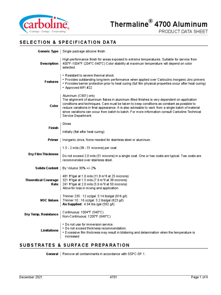 Thermaline 4700 Aluminum PDS | PDF | Humidity | Shelf Life