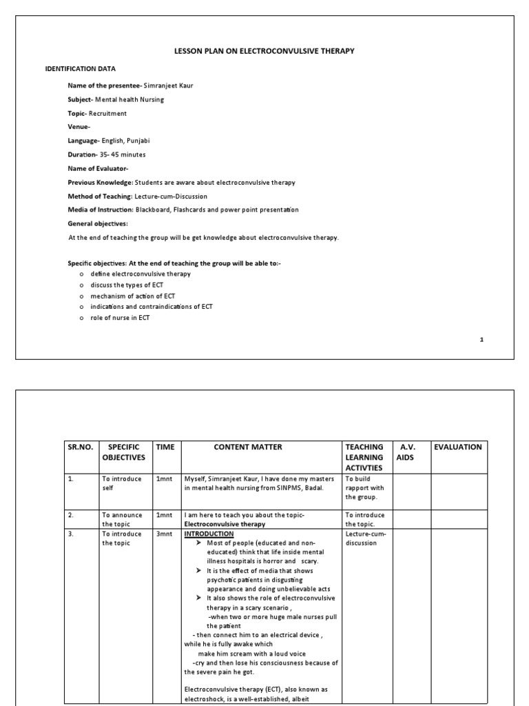 Lesson Plan On Electroconvulsive Therapy | PDF | Electroconvulsive ...