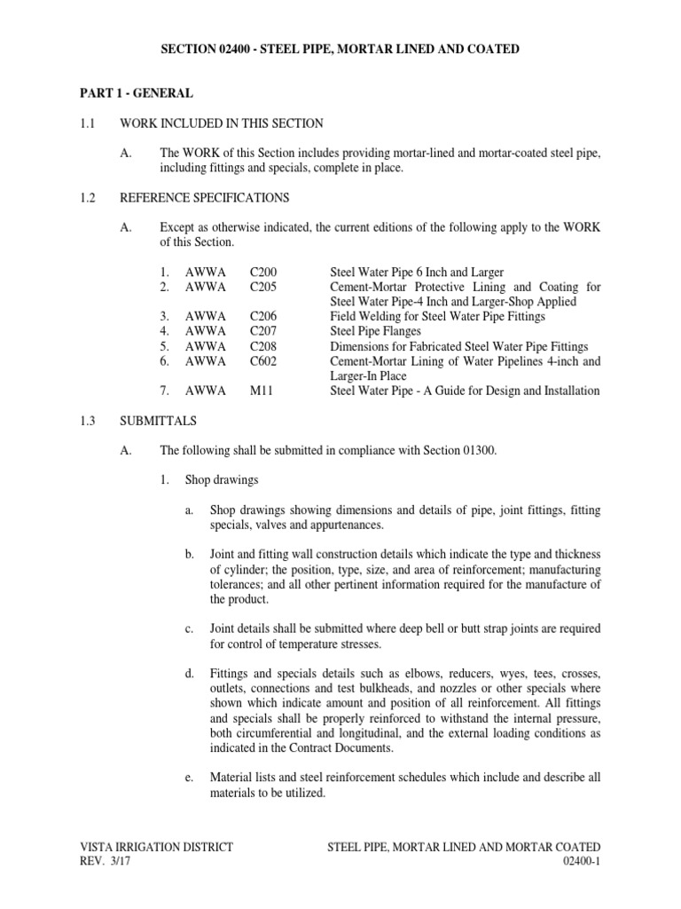 Mortar-Lined Steel Pipe Specifications | PDF | Pipe (Fluid Conveyance ...