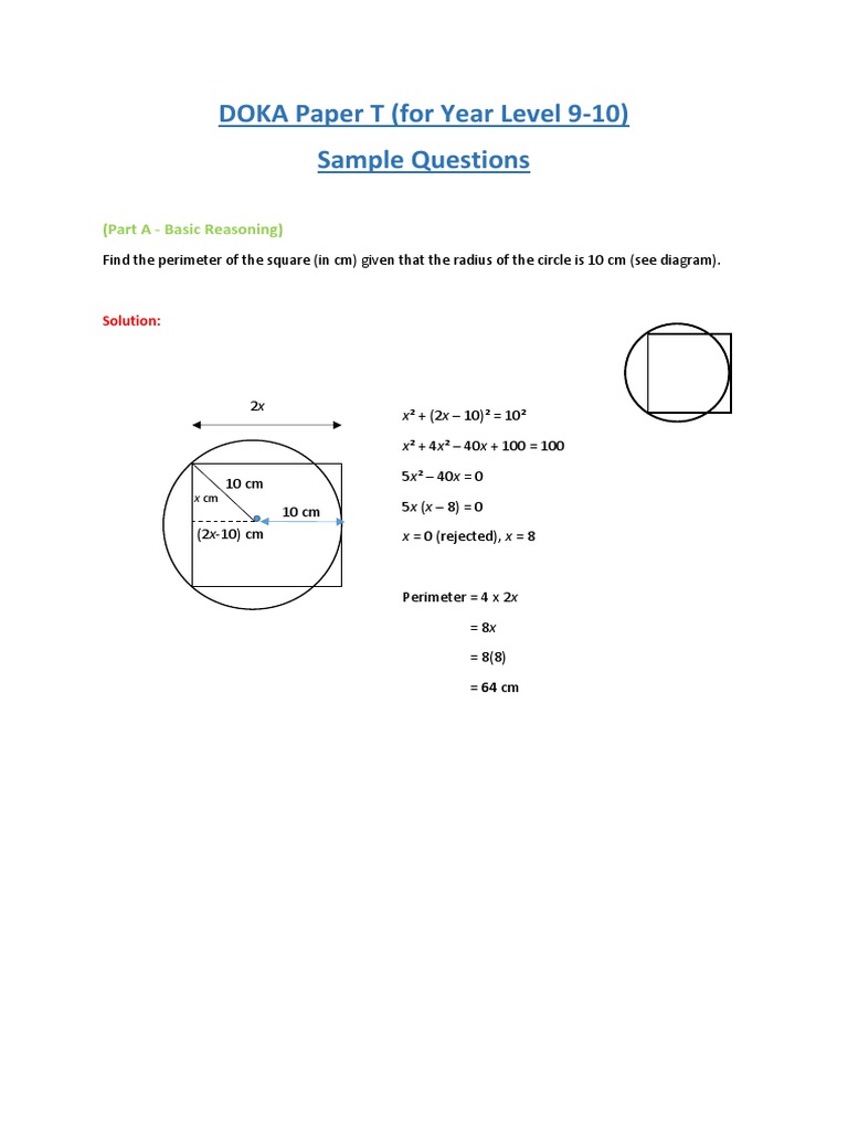 Sample DOKA Paper T For Year 9 10 | PDF | Area | Mathematics