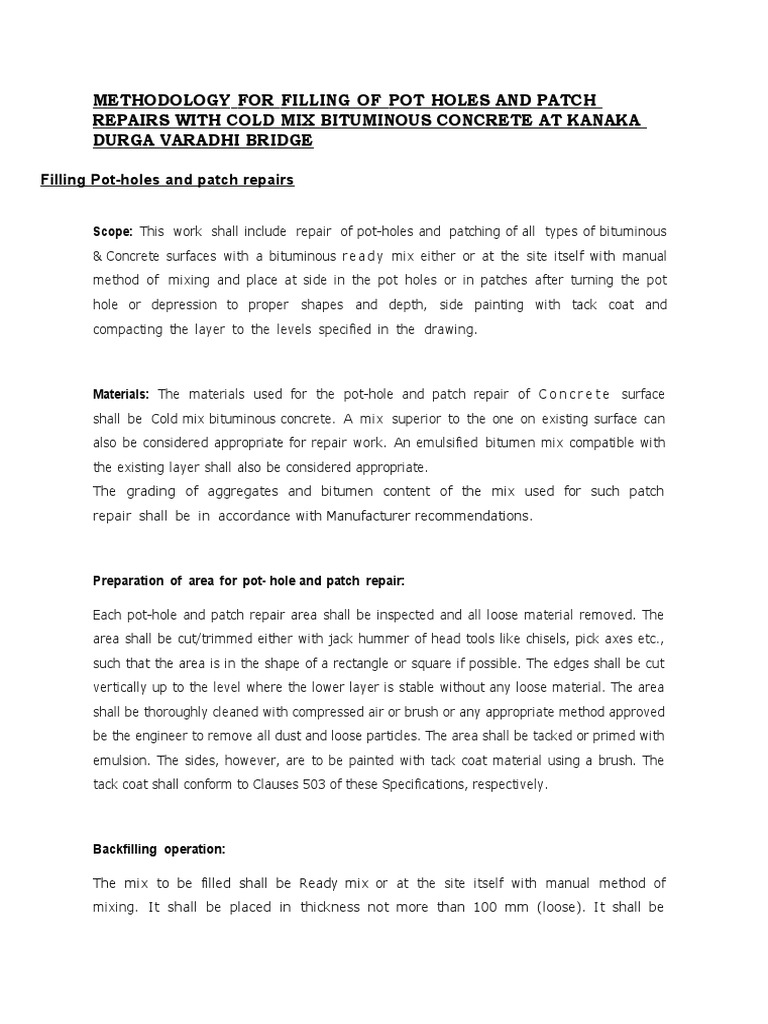 Cold Mix Patch Work Method Statement | PDF | Asphalt | Concrete