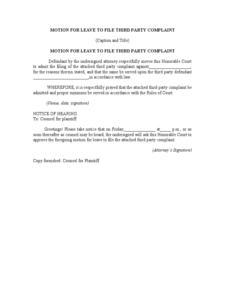 Motion For Leave To File Third Party Complaint | PDF | Social Science