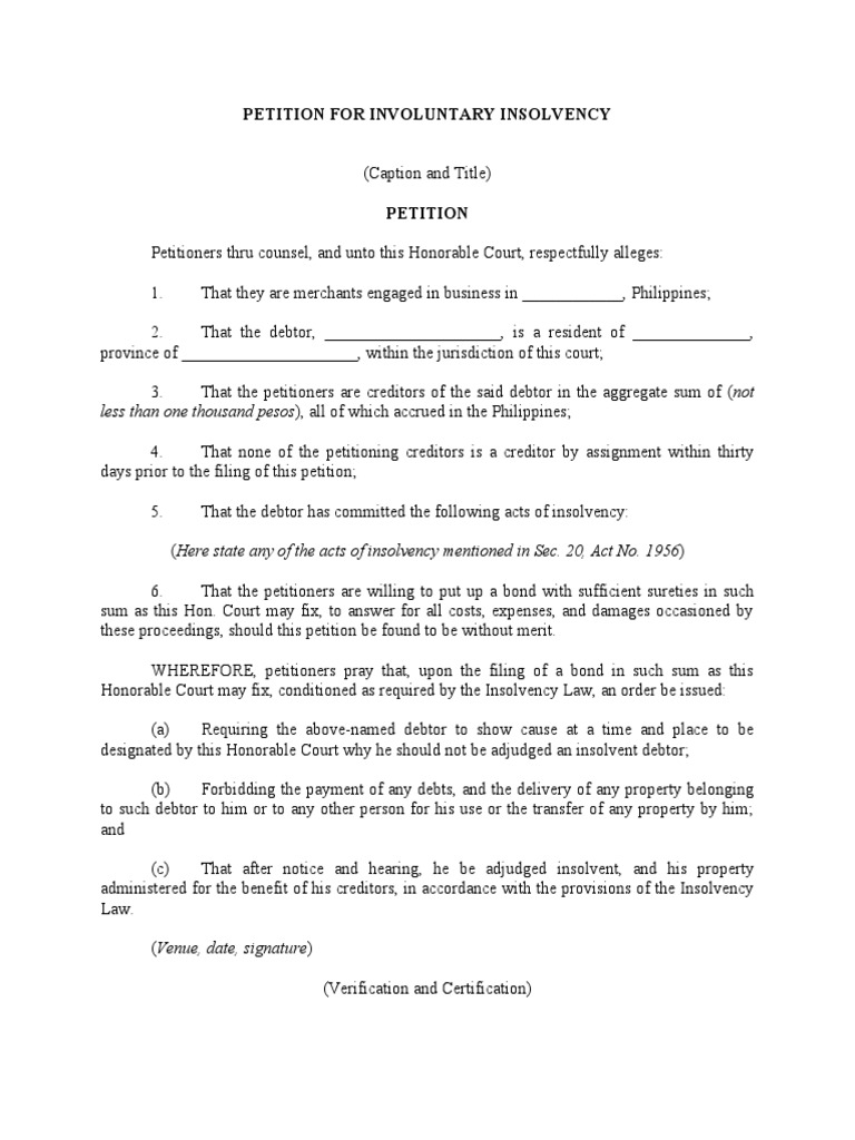 Petition For Involuntary Insolvency | PDF