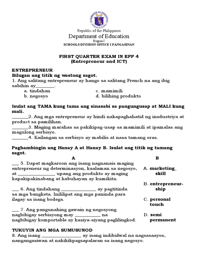 FIRST QUARTER EXAM IN EPP 4 Entrep and Ict | PDF