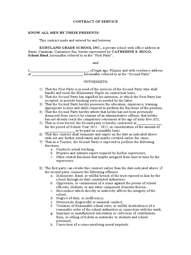 Contract for Teaching Services between Kurtland Grade School Inc. and ...