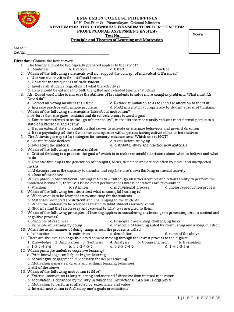 LET (Prof 1) Principles and Theories of Learning and Motivation | PDF ...