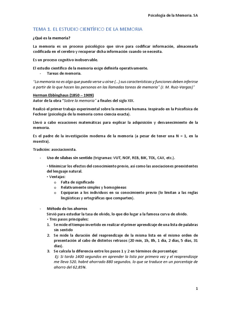 Psicología De La Memoria Y Del Aprendizaje Humano Apuntes Sara Pdf