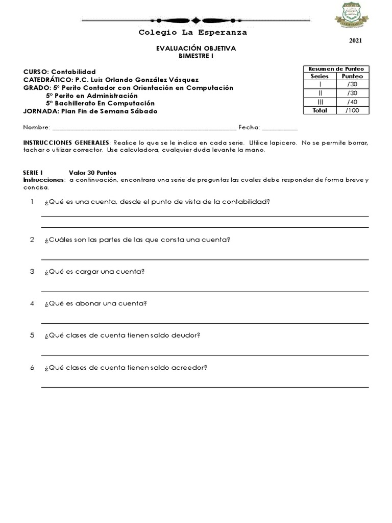 Evaluacion Objetiva Sabado Conta 5 PC Pa Baco Bimestre I 27032021 | PDF | Contabilidad | Bancario