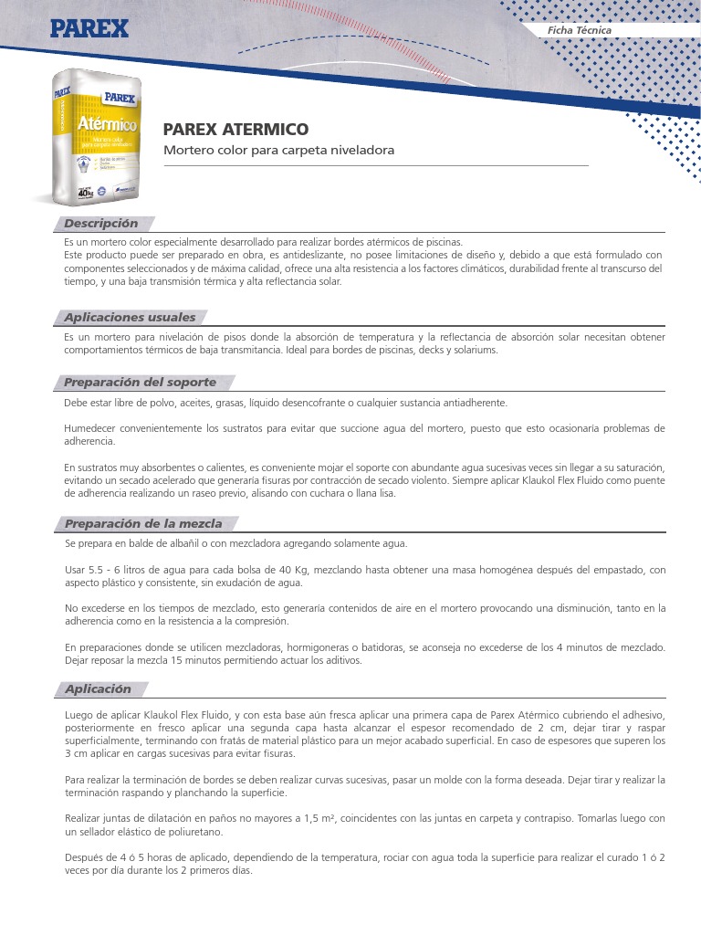 Ficha Técnica - Parex Piso Nivel Atermico | PDF | Absorción (Química ...