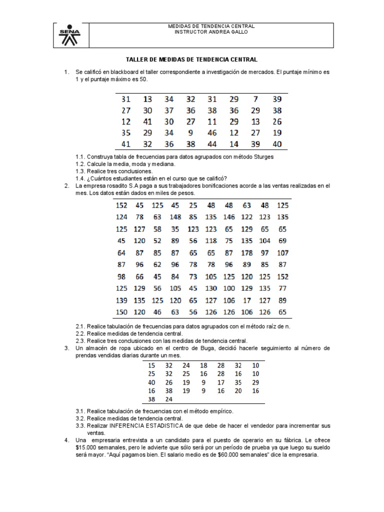 Ejercicios Medidas de Tendencia Central | PDF | Muestreo (Estadísticas ... Ejercicios Medidas de Tendencia Central | PDF | Muestreo (Estadísticas ...