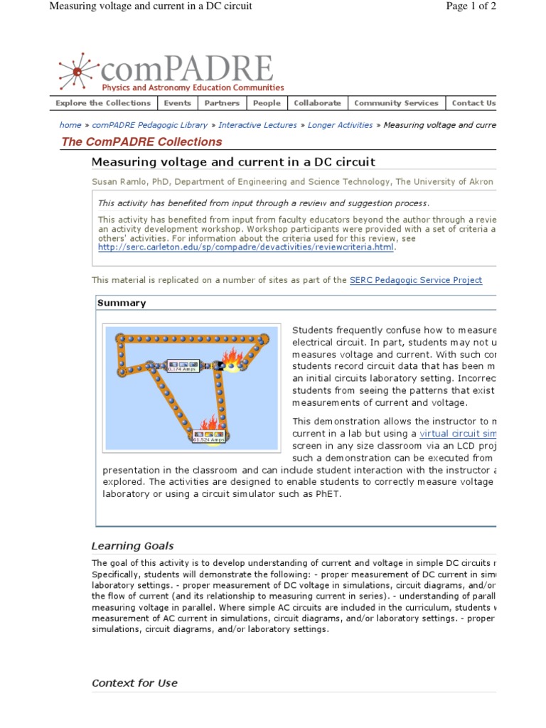 The Compadre Collections: Measuring Voltage and Current in A DC Circuit | PDF | Simulation | Voltage