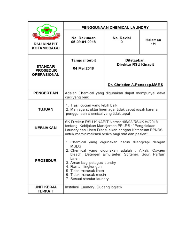 Prosedur Chemical Laundry RSU Kinapit | PDF