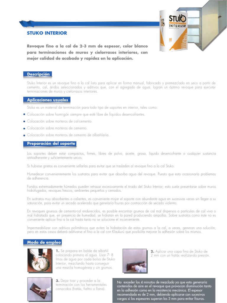 Stuko Interior: Revoque Fino a la Cal | PDF | Cemento | Adhesión